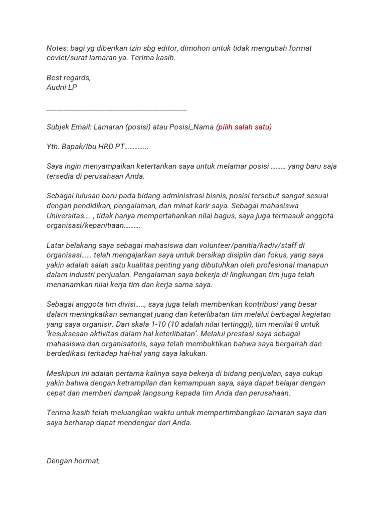 Contoh Cover Letter - Tanpa Pengalaman Magang | PDF | Karier ...