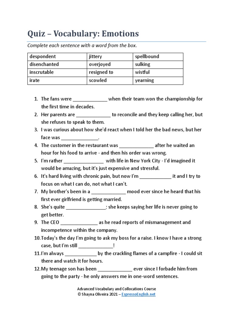 Worksheet - Vocabulary Emotions | PDF