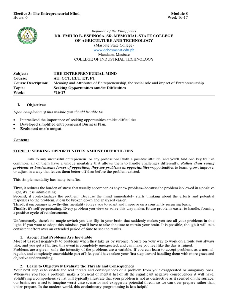 Elective 3 (Module No. 8) - Week 16-17 - Finalized | PDF | Entrepreneurship | Mind