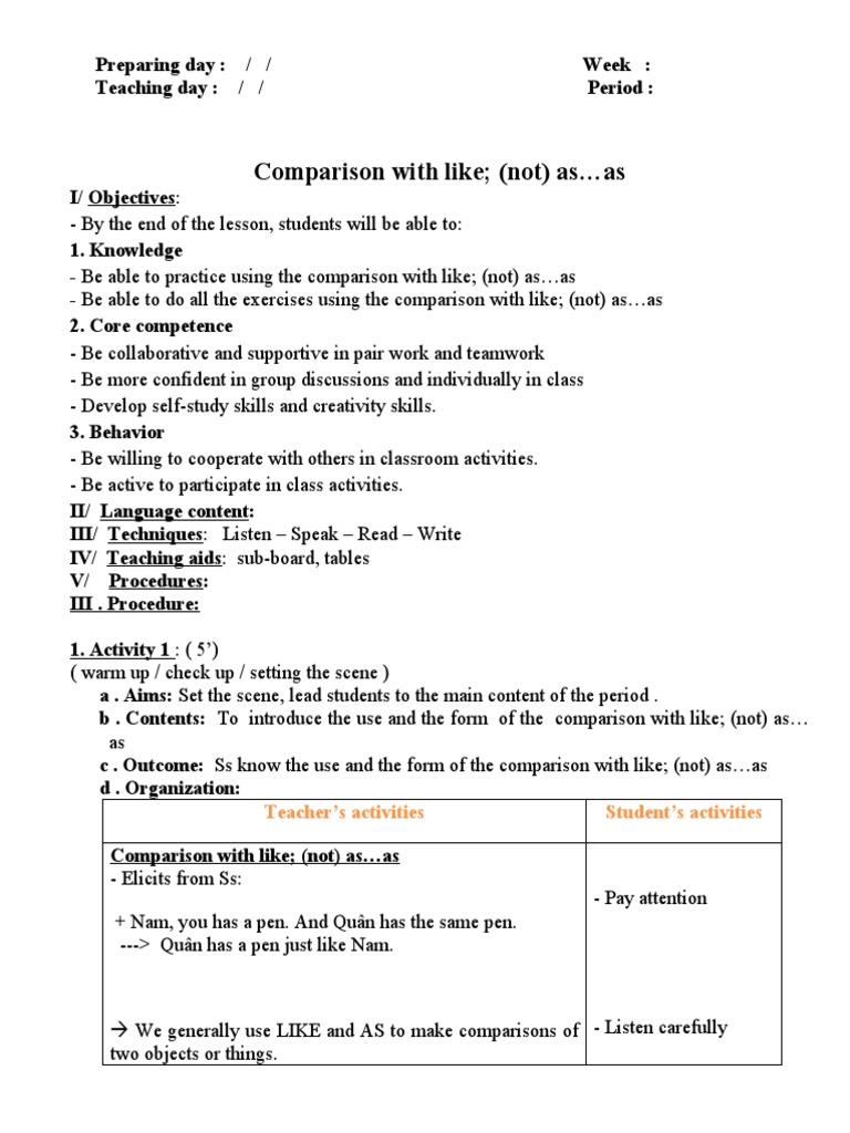 Lesson Plan COMPARISON AS... AS | PDF | Teachers | Classroom