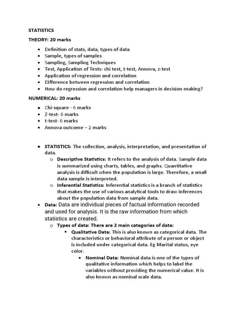 Statistics Notes | PDF | Student's T Test | Statistics