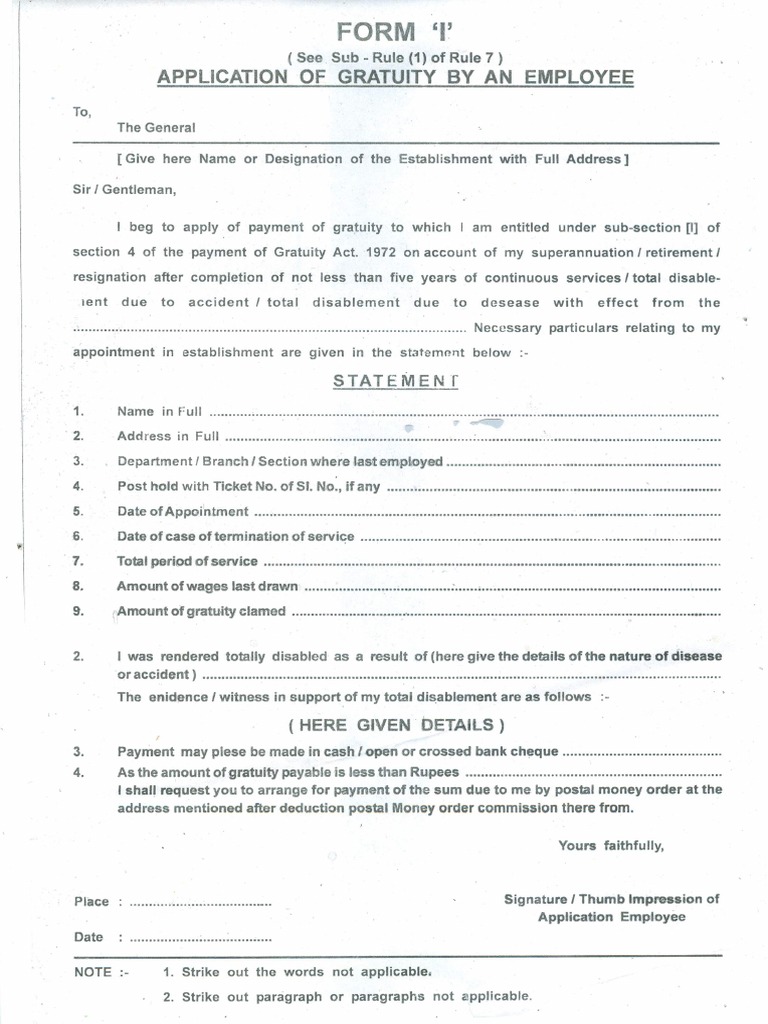 Form I For Gratuity Application | PDF