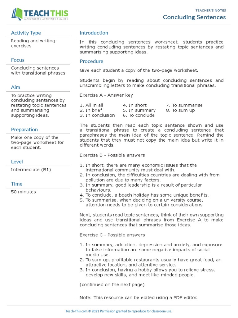 Concluding Sentences Worksheet | PDF | Spanish Language | Phrase
