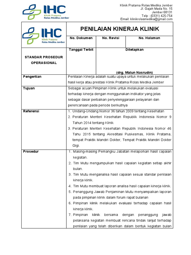 Contoh SPO PENILAIAN KINERJA KLINIK | PDF