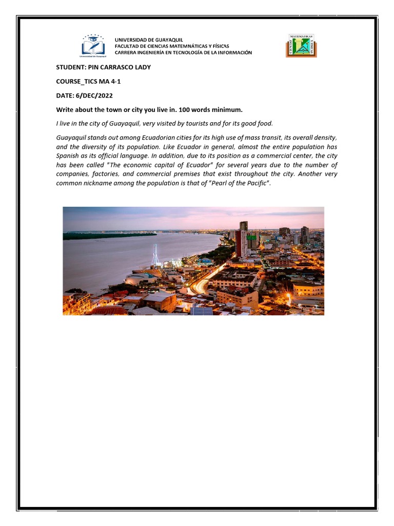 Write About The Town or City You Live In. 100 Words Minimum - INGLES | PDF