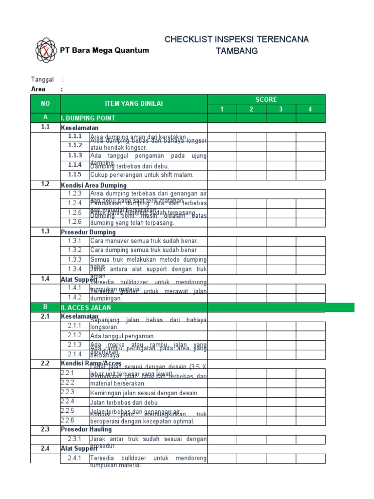 Checklist Inspeksi Tambang Terencana | PDF