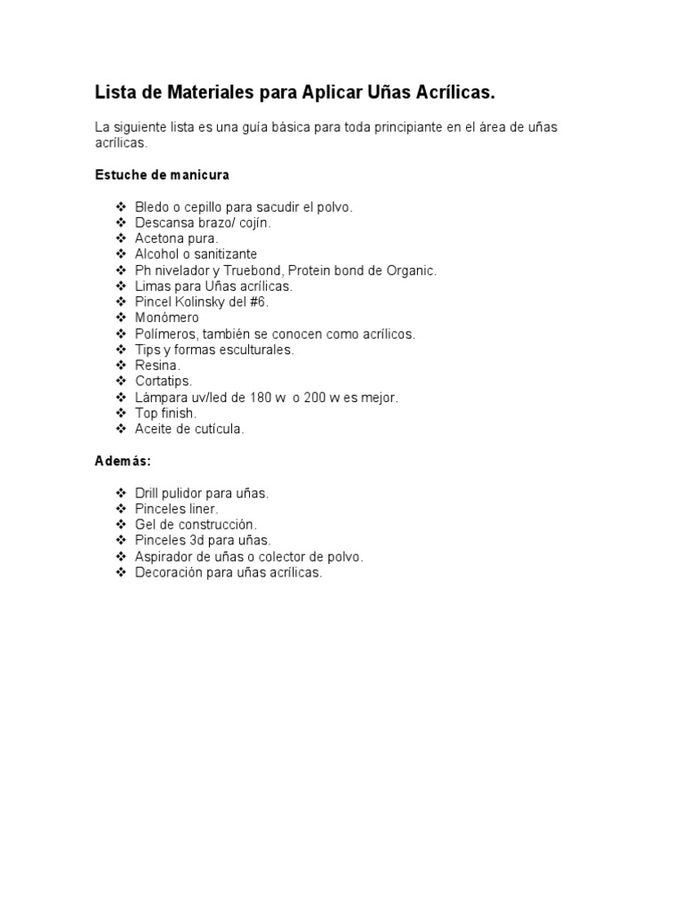 Lista de Materiales para Aplicar Uñas Acrílicas | PDF | Clavo (anatomía) | Hueso