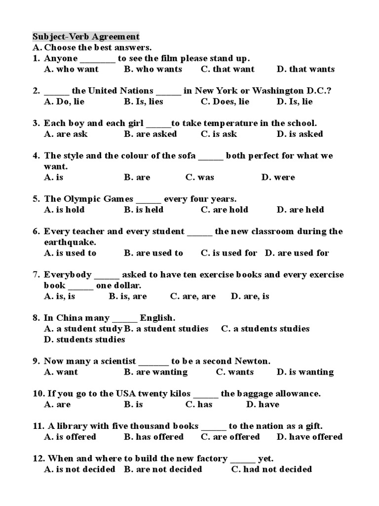 Subject-Verb Agreement Exercises | PDF