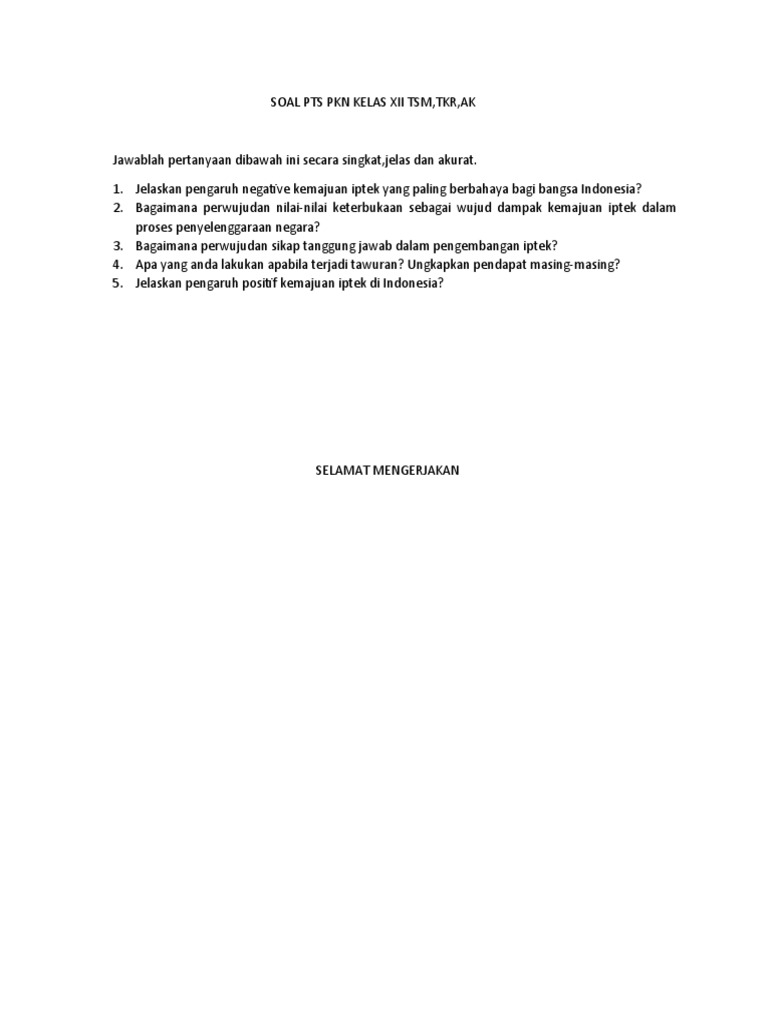 Soal Pts PKN Kelas Xii TSM | PDF | Karier & Perkembangan | Komputer