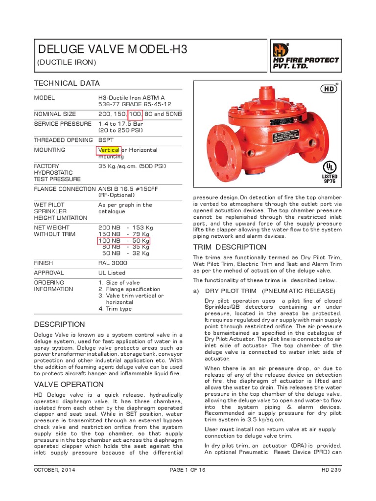 HD Deluge Valve Model H3 Specifications | PDF | Valve | Fire Sprinkler ...