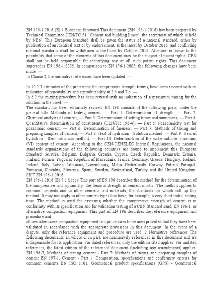 En 196 (Summary) | PDF | Engineering Tolerance | Cement