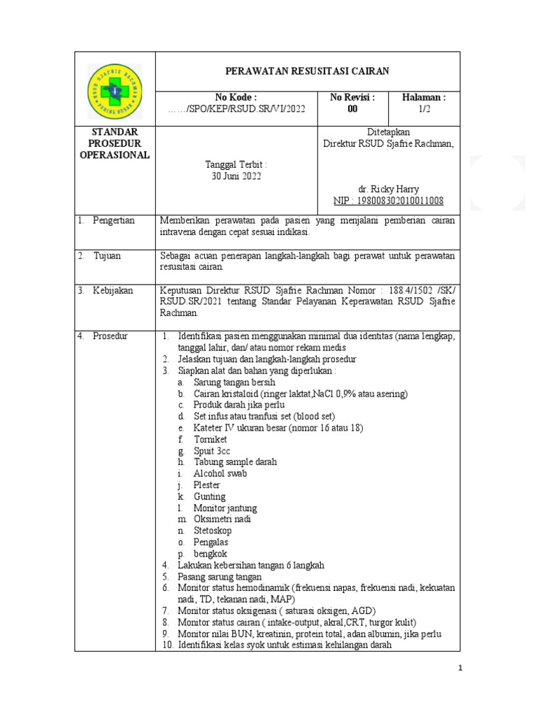 SPO Perawatan Resusitasi Cairan | PDF