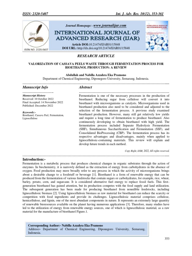 Valorization of Cassava Peels Waste Through Fermentation Process For ...