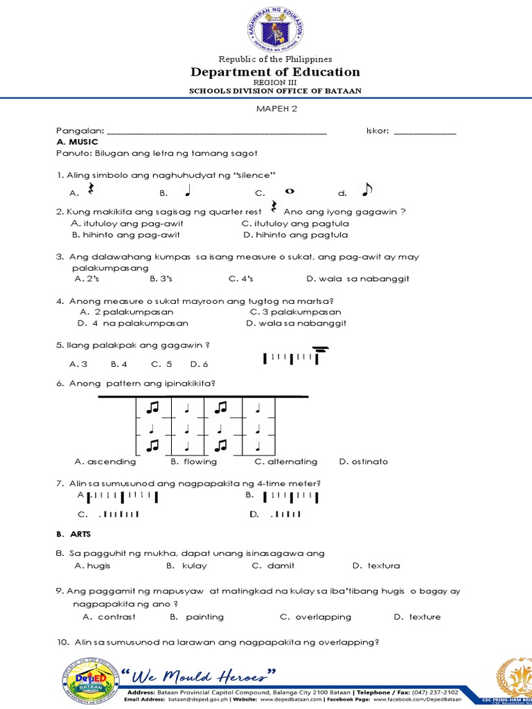 MAPEH 2 Q1 ASSESSMENT Test | PDF