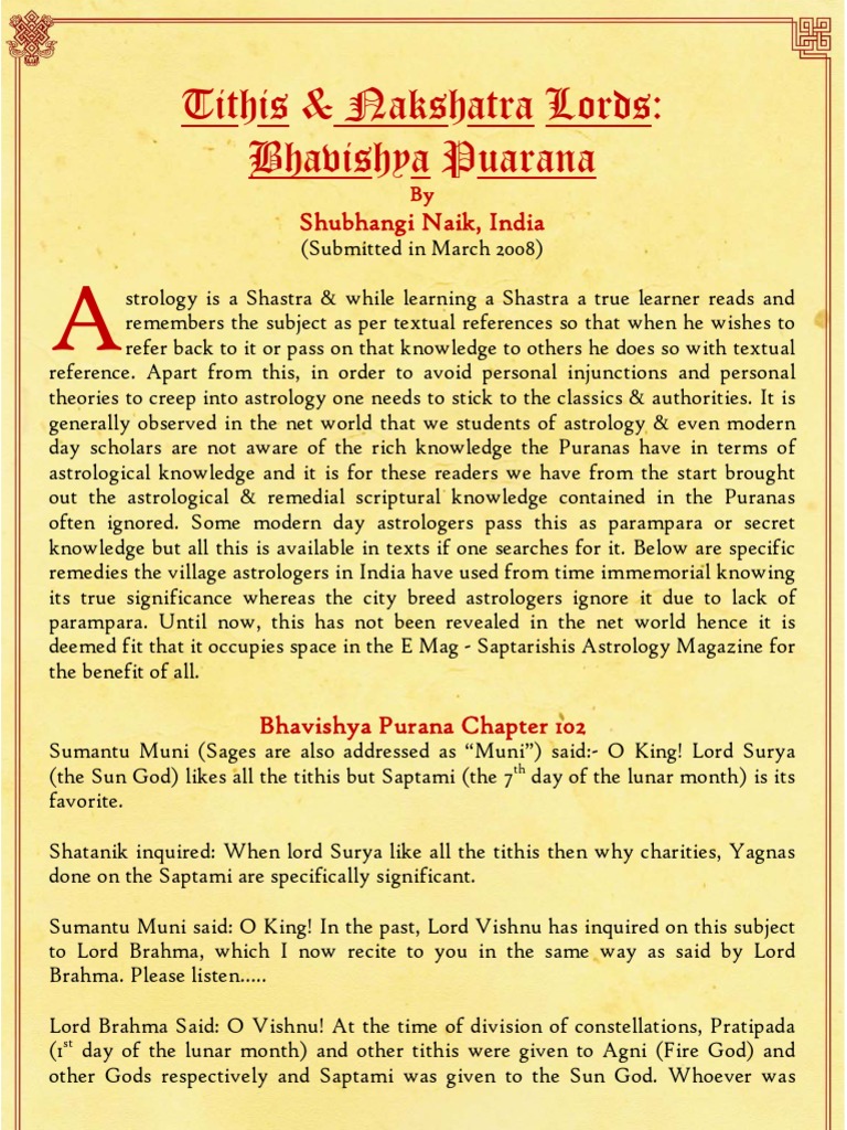 Lords of the Tithis and Nakshatras: Insights from the Bhavishya Purana ...