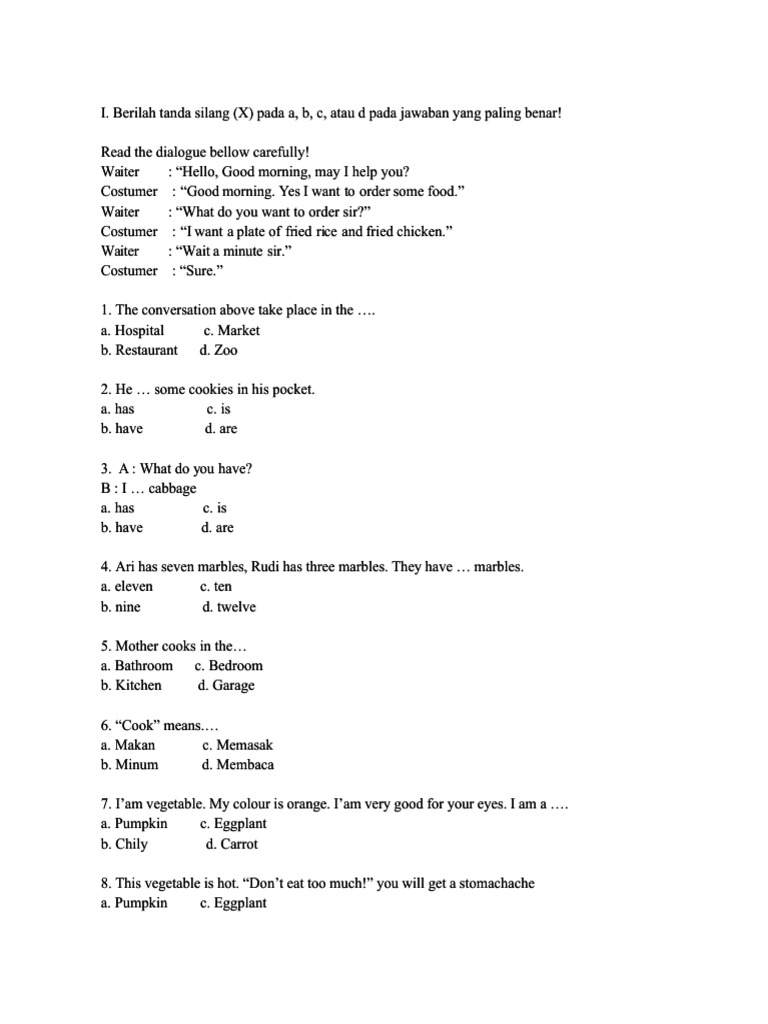 Qdoc - Tips - Soal Latihan Bahasa Inggris Kelas 6 SD | PDF | Foods ...