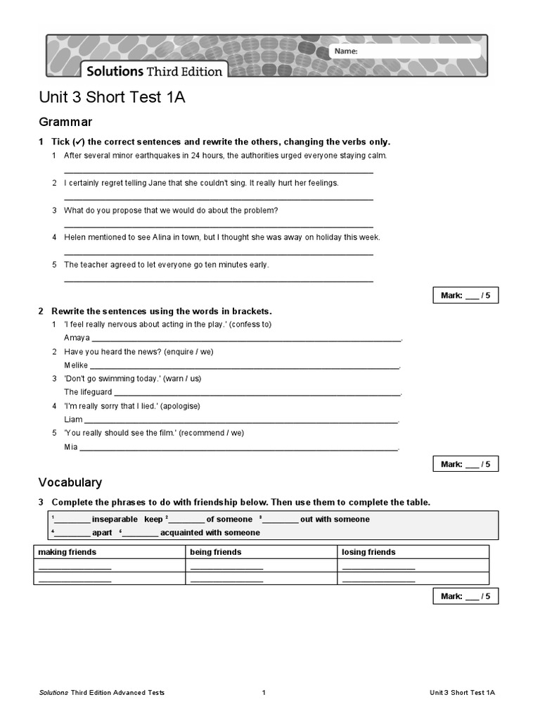Unit 3 Short Test 1A Solutions | PDF | Language Mechanics | Syntax