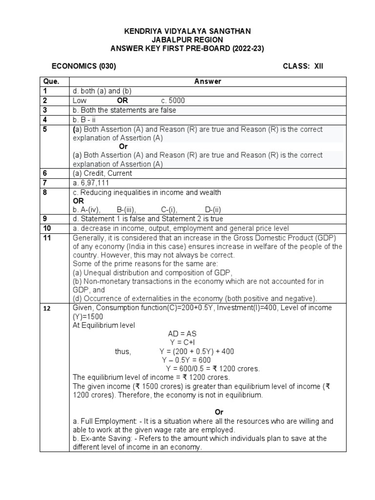 Answer Key XII Economics Pre Board 2022-23 | PDF | Balance Of Trade ...