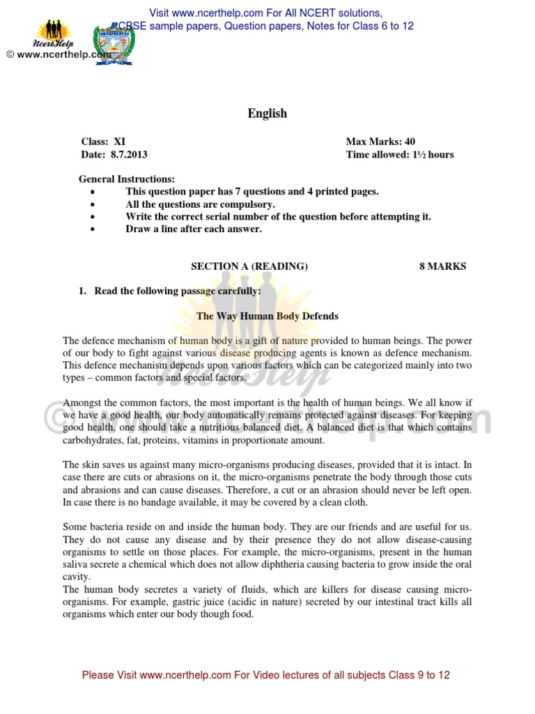 English Question Paper 2013 | PDF | Books | Fever