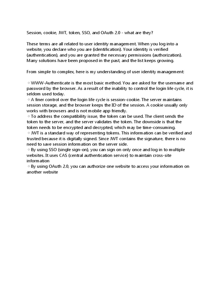 Session Cookie JWT Token SSO and OAuth 2 What Are They | PDF Session Cookie JWT Token SSO and OAuth 2 What Are They | PDF