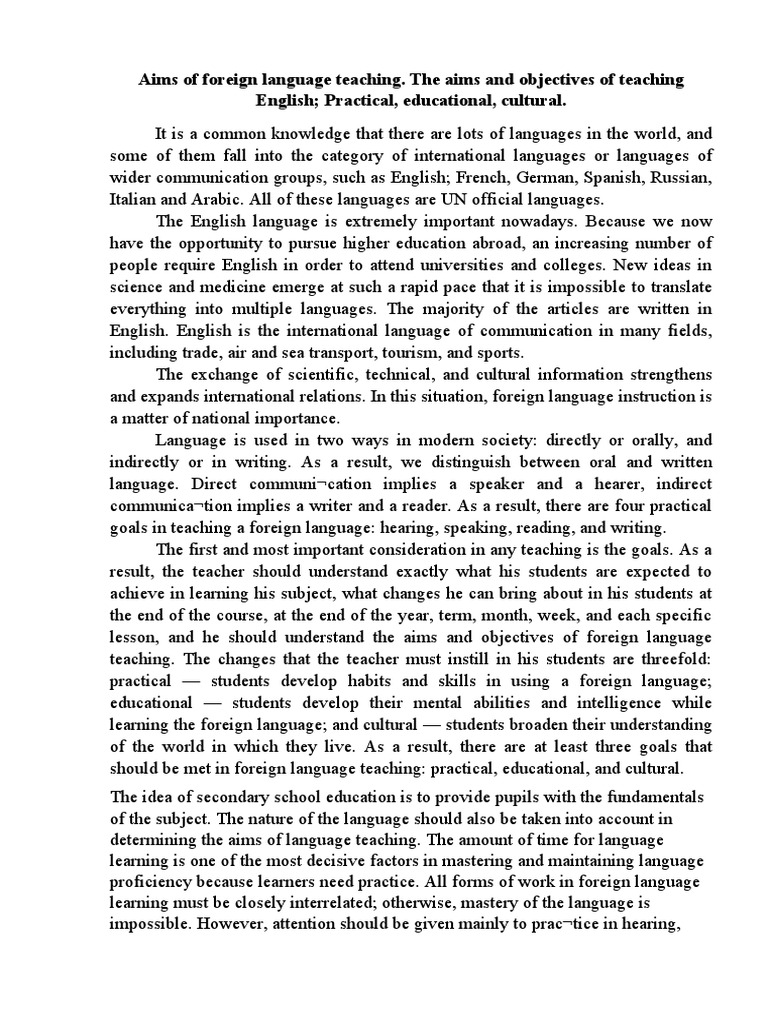 Aims of Foreign Language Teaching. The Aims and Objectives of Teaching ...