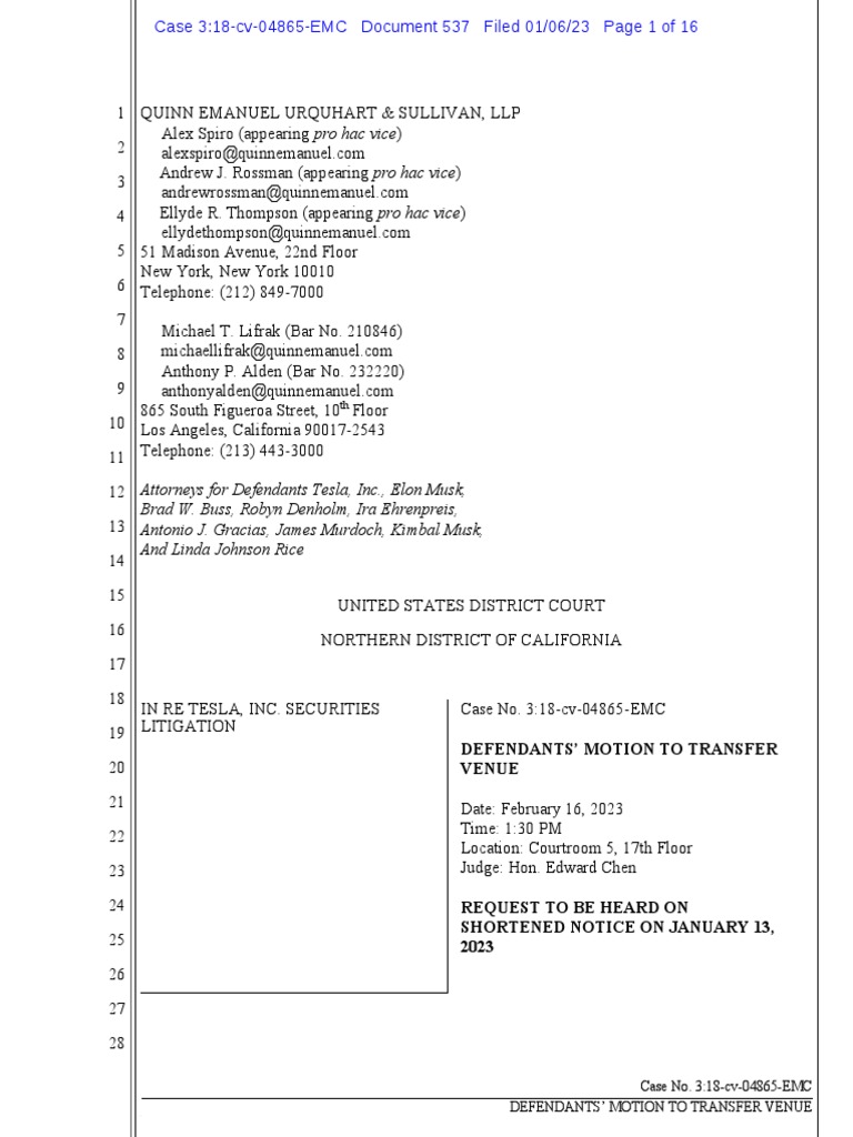 In Re: Tesla, Inc. Securities Litigation - New Filing 1/06/2023 Motion ...