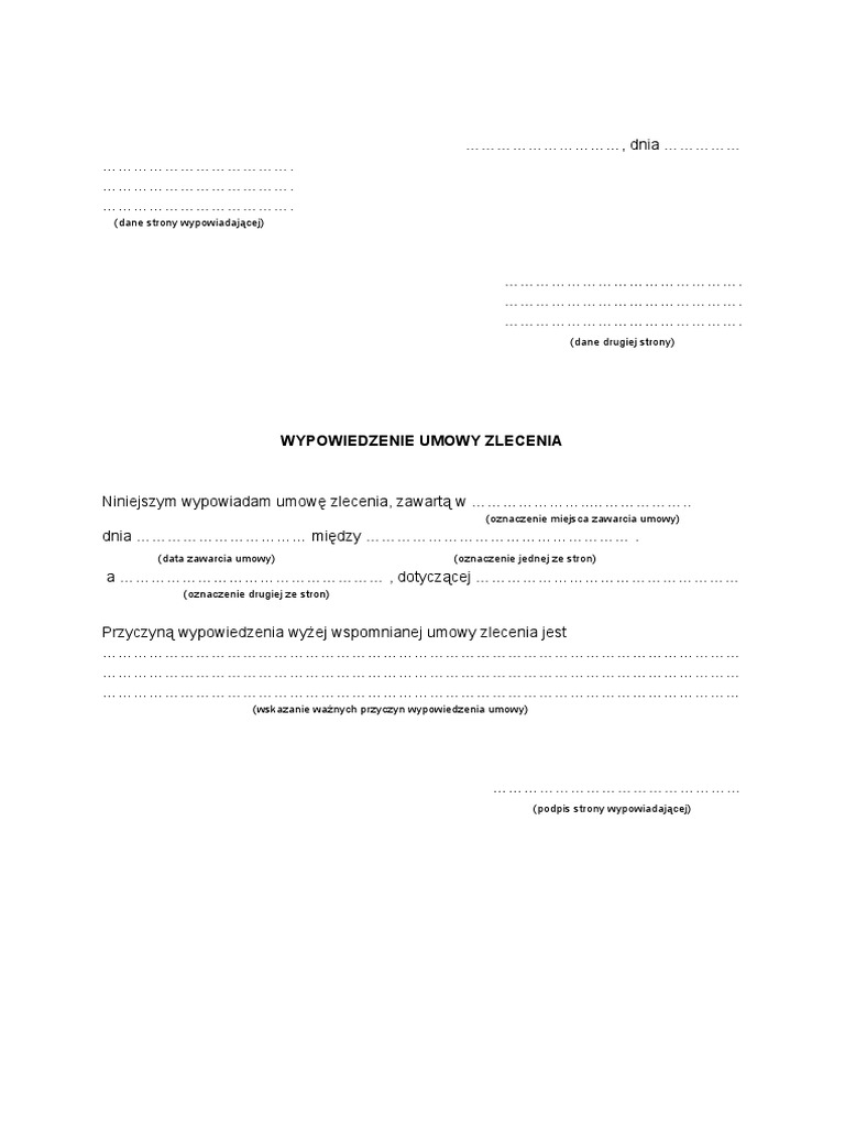 Wypowiedzenie Umowy Zlecenia - Wzór | PDF