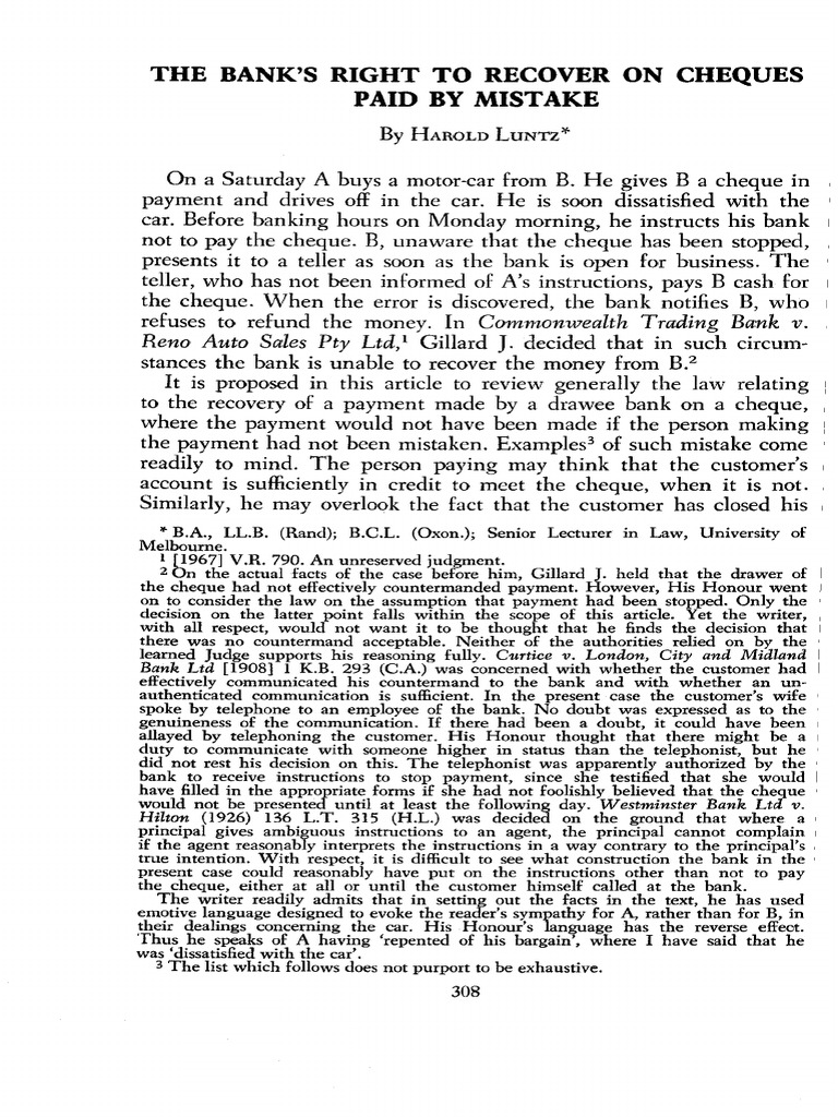 The Bank'S Right To Recover On Cheques Paid by Mistake | PDF | Cheque ...