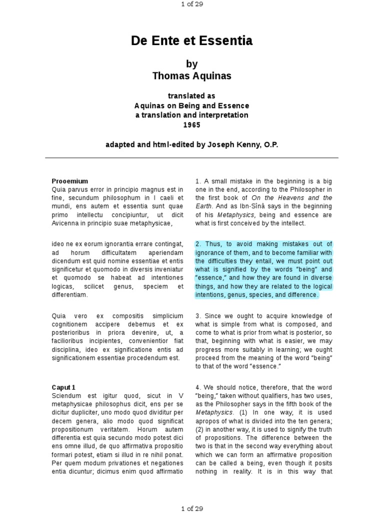 De Ente Et Essentia by Aquinas St. Thomas Gersalina Anotated | PDF ...