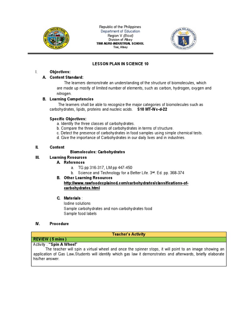 Lesson Plan On Science 10 Carbohydrates | PDF | Carbohydrates ...