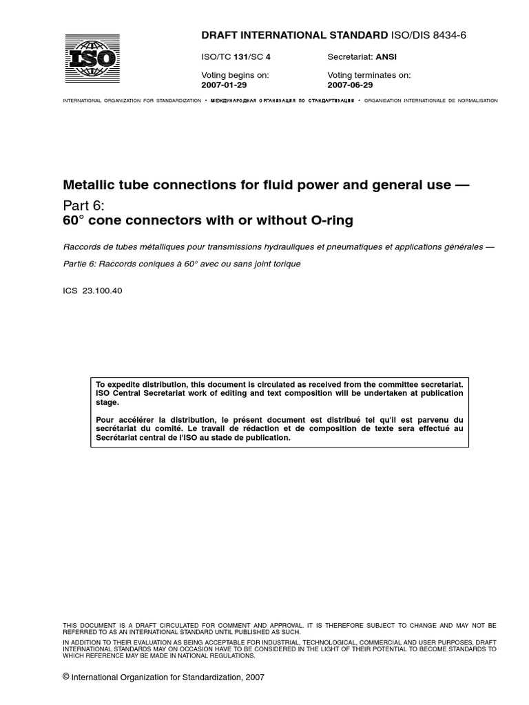 ISO 8434 6 - 2007 60 Code Cone Connectors With or Without O-Ring | PDF ...