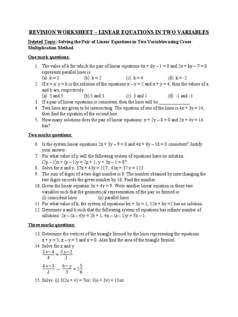 Revision Worksheet - Linear Equations | PDF | Equations | System Of Linear Equations