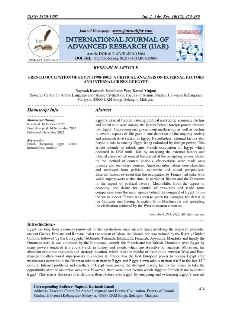 French Occupation of Egypt (1798-1801) : A Critical Analysis On ...