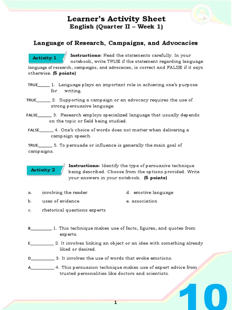 Learner's Activity Sheet: English (Quarter II - Week 1) | PDF | Persuasion | Expert
