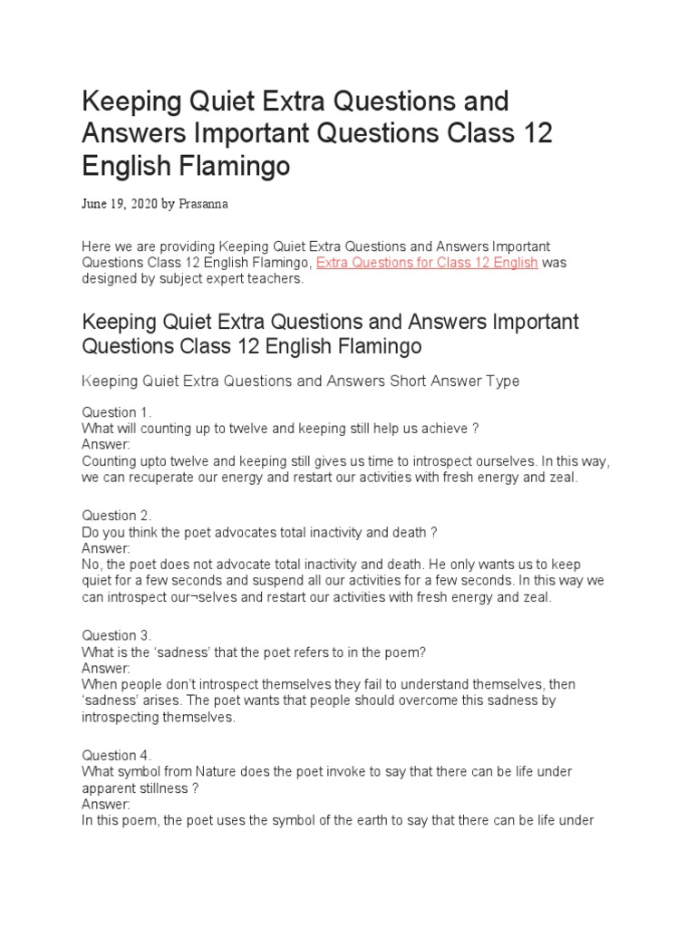Keeping Quiet Extra Questions and Answers Important Questions Class 12 ...