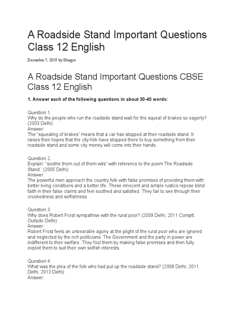 A Roadside Stand Important Questions Class 12 English | PDF