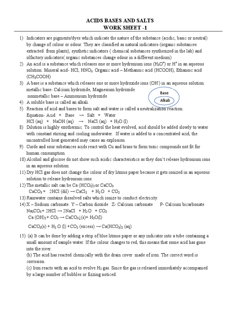 Acids Bases and Salts WS1-3 Answers | PDF | Acid | Ph