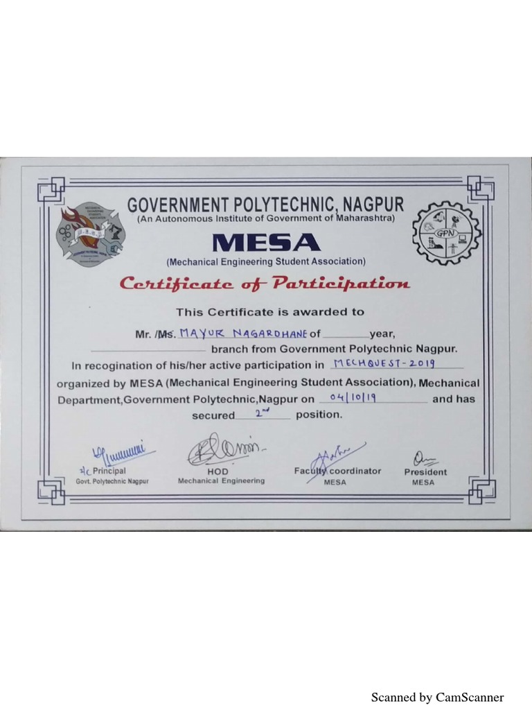 Intercollege Quiz Competition Certificate | PDF