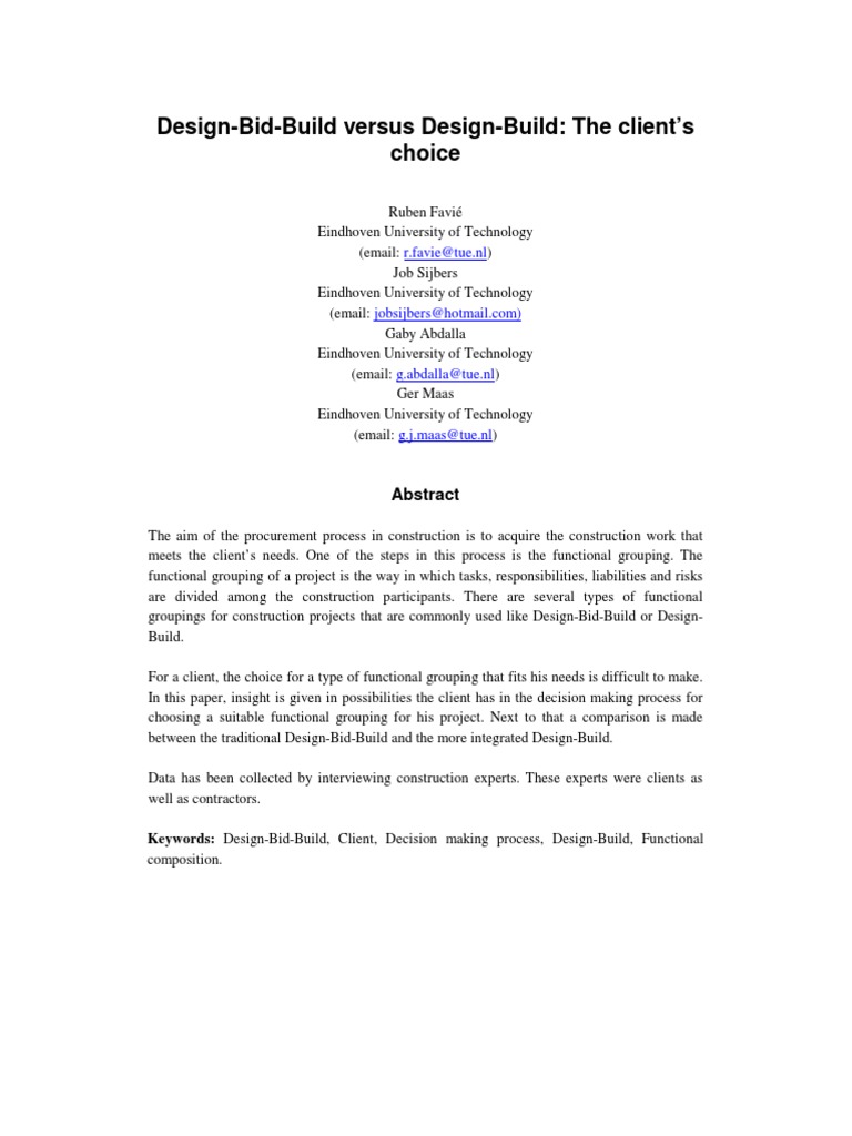 Cib2010 - Design-Bid-Build Versus Design-Build - The Client's Choice ...