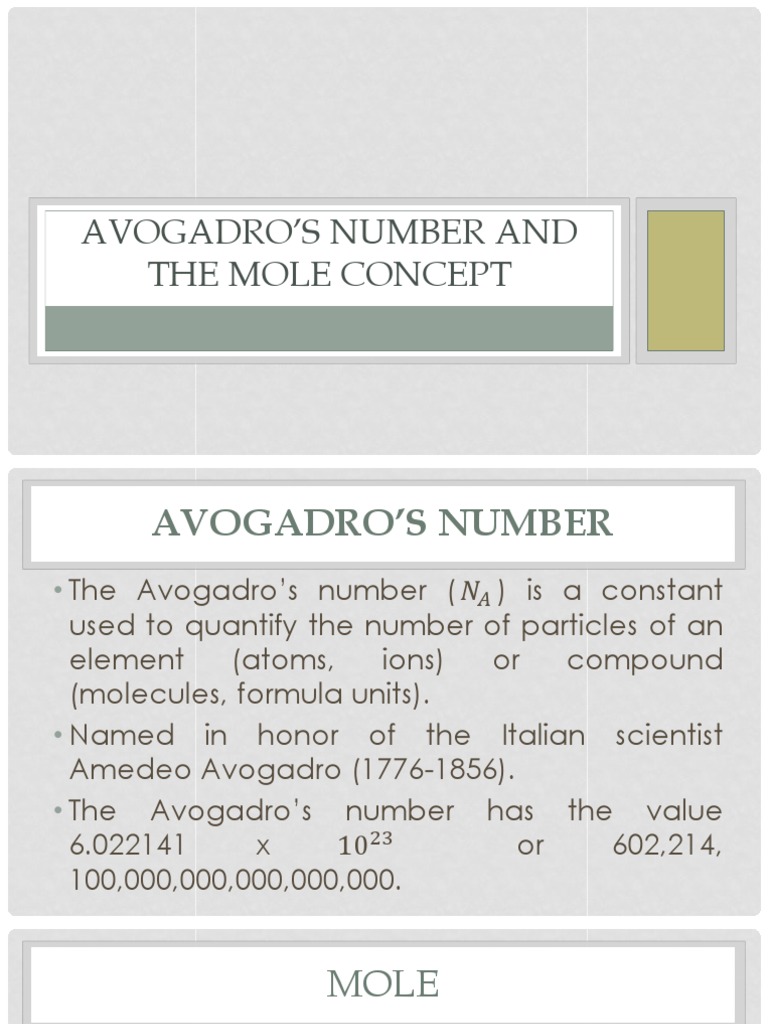 Avogadro's Number and The Mole Concept | PDF | Mole (Unit) | Chemical Compounds