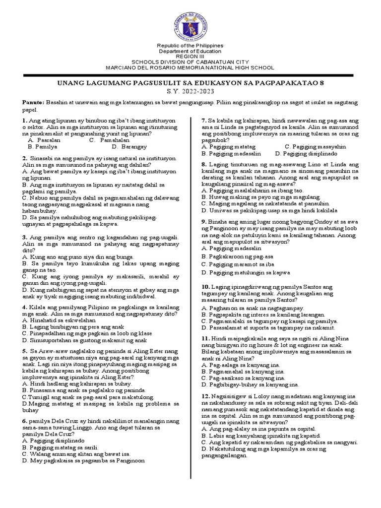 ESP 8 Sy 22 23 Q1 With Answer Key | PDF