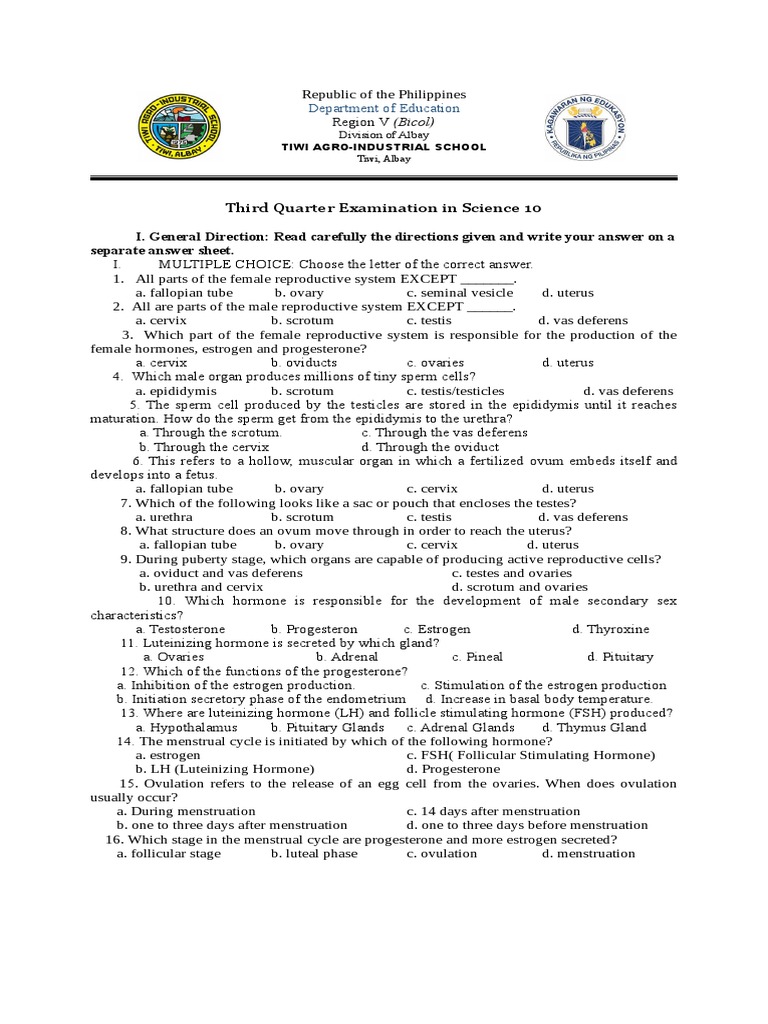 3rd Quarter Exam Science 10 | PDF | Menstrual Cycle | Luteinizing Hormone