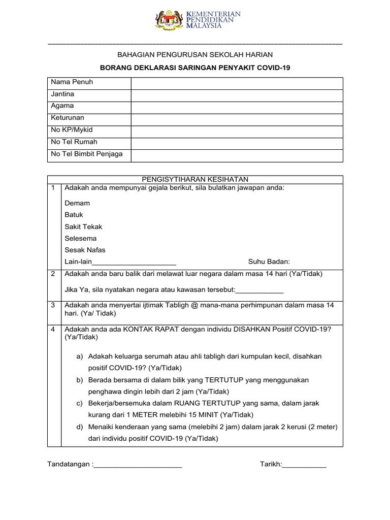 Borang Saringan Kesihatan KKM | PDF