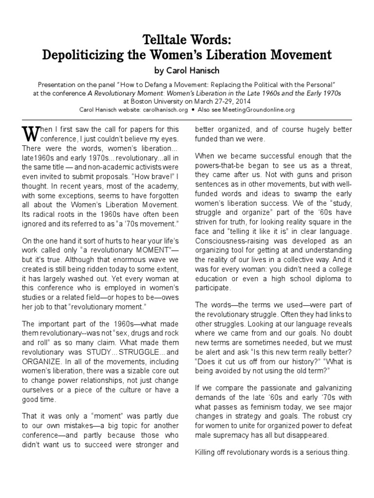 HANISCH Carol - Telltale Words - Depoliticizing The Womens Liberation ...