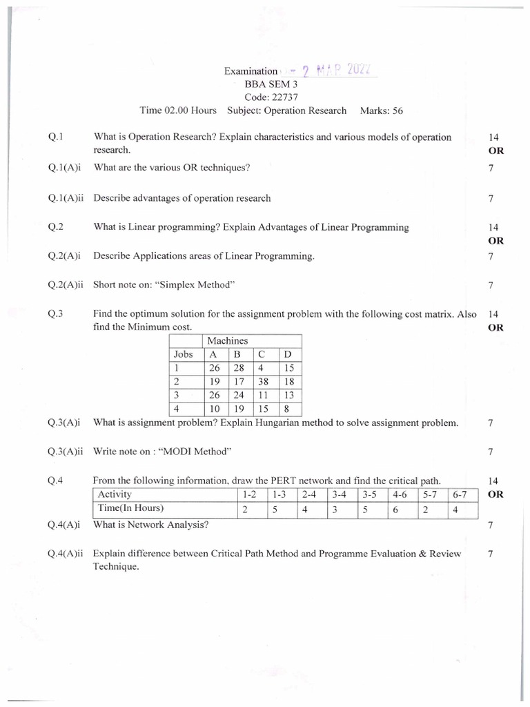 Bba Sem3 22737 Feb-2022 Operation Research | PDF
