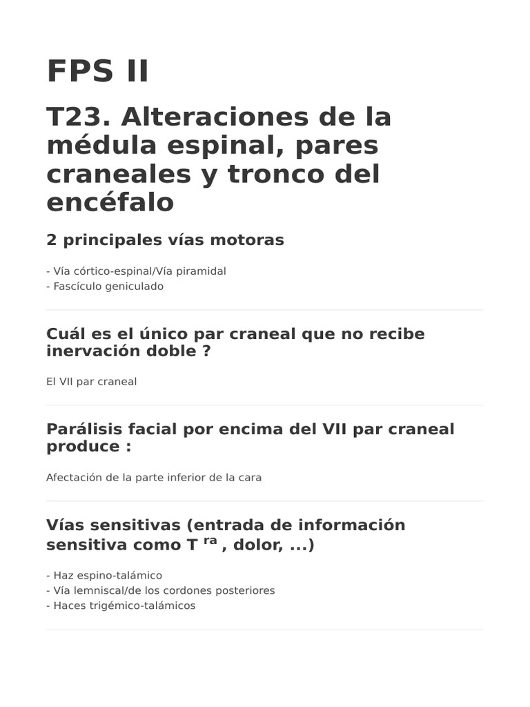 FPS II - T23. Alteraciones de La Médula Espinal, Pares Craneales y Tronco Del Encéfalo | PDF ...