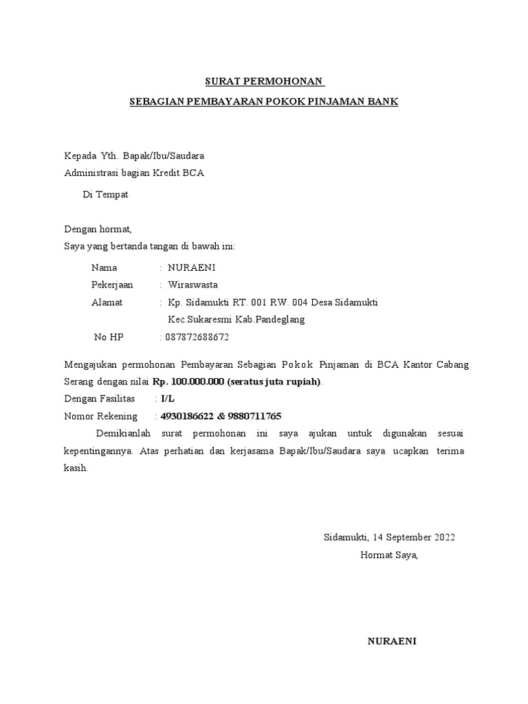Surat Permohonan Pelunasan Pinjaman Bank PDF Free | PDF