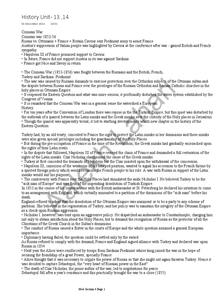 Unit 13,14 History | PDF | Crimean War | Italy