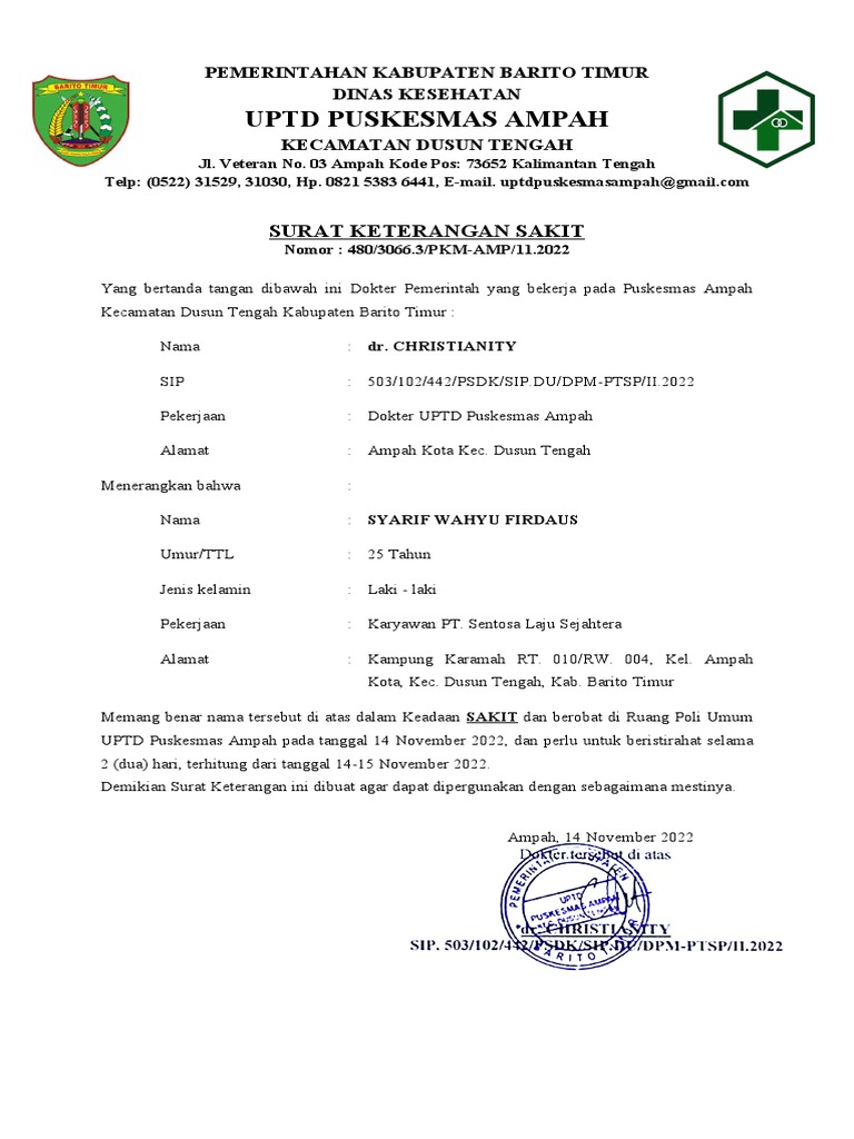Surat Keterangan Sakit Puskes | PDF