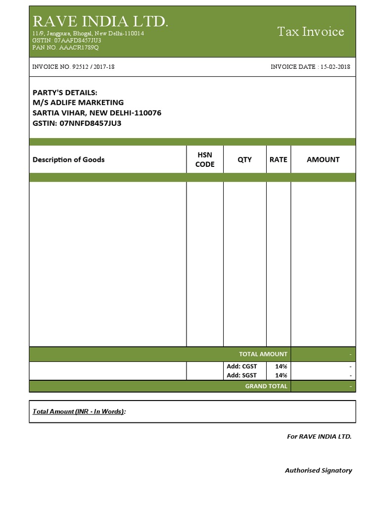 GST Tax Invoice Format for Rave India | PDF